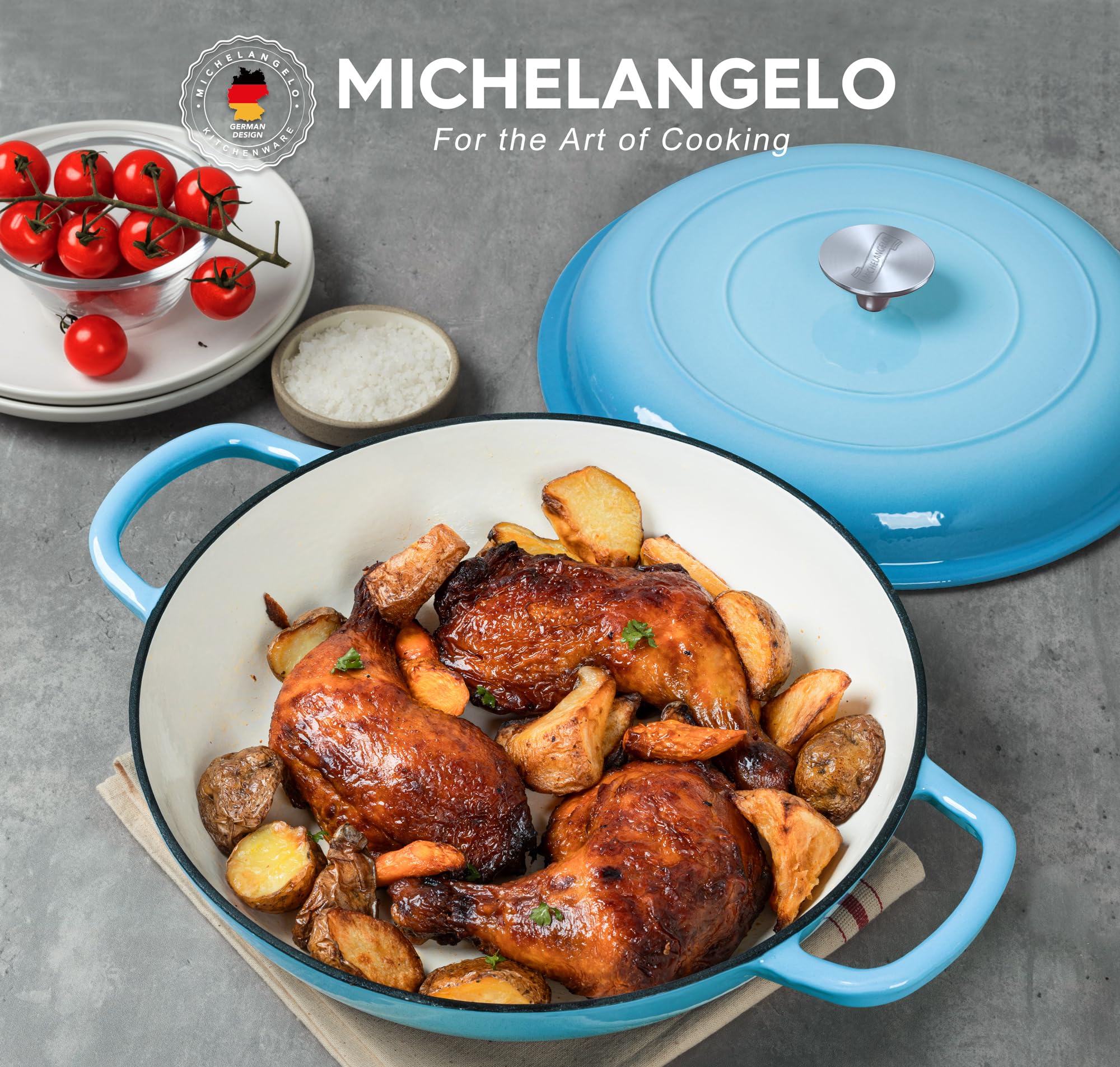 MICHELANGELO Braiser Enameled Cast Iron, 3.5 Quart Braiser Pan with Lid, Nonstick Braiser with Silicone Pads for Heat Insulation, Oven Safe Cast Iron Pan-Sky Blue