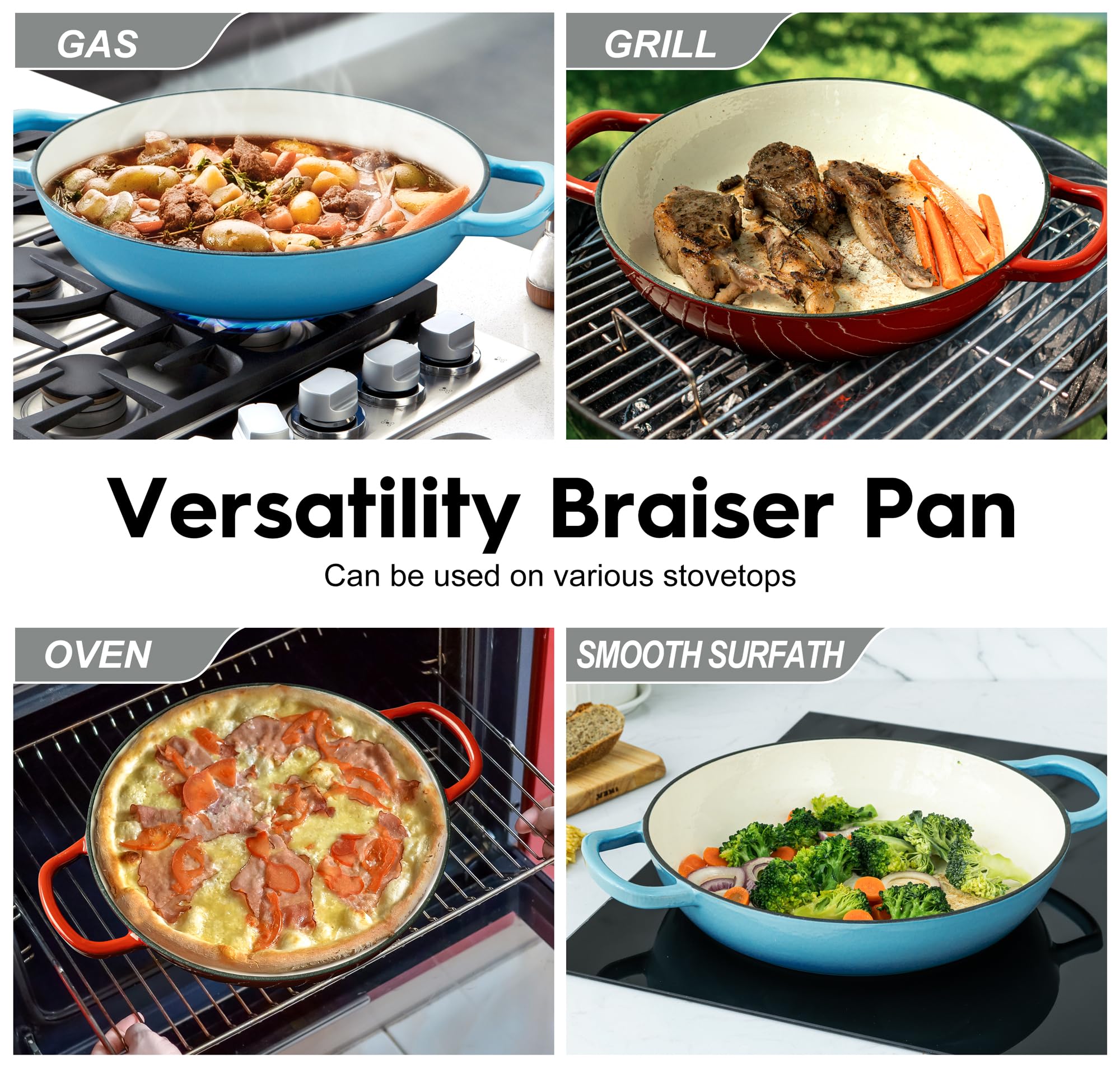 MICHELANGELO Braiser Enameled Cast Iron, 3.5 Quart Braiser Pan with Lid, Nonstick Braiser with Silicone Pads for Heat Insulation, Oven Safe Cast Iron Pan-Sky Blue