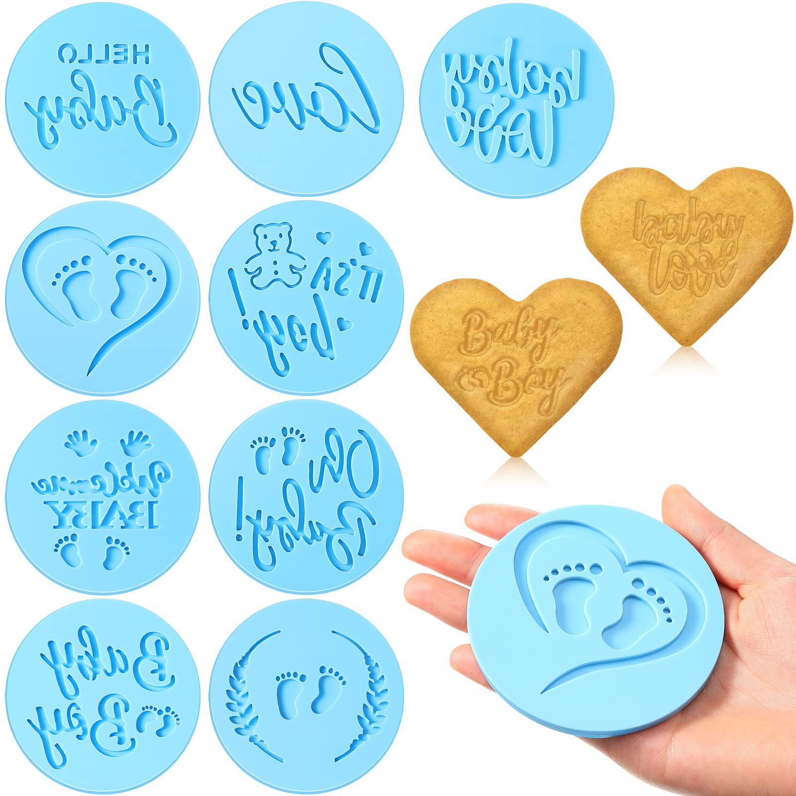 9 Pcs Baby Shower Fondant Embosser for Baby Boys 3D Design Light Blue Cookie Stamp for Baking Acrylic Fondant Stamp for Baby Shower Party Decorating Fondant Topper Icing Cake Cupcake Chocolate Biscuit