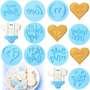 9 Pcs Baby Shower Fondant Embosser for Baby Boys 3D Design Light Blue Cookie Stamp for Baking Acrylic Fondant Stamp for Baby Shower Party Decorating Fondant Topper Icing Cake Cupcake Chocolate Biscuit