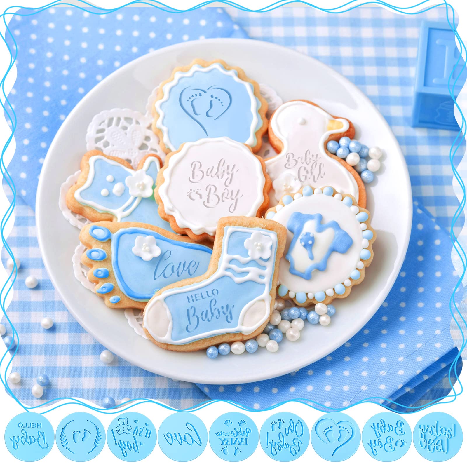 9 Pcs Baby Shower Fondant Embosser for Baby Boys 3D Design Light Blue Cookie Stamp for Baking Acrylic Fondant Stamp for Baby Shower Party Decorating Fondant Topper Icing Cake Cupcake Chocolate Biscuit