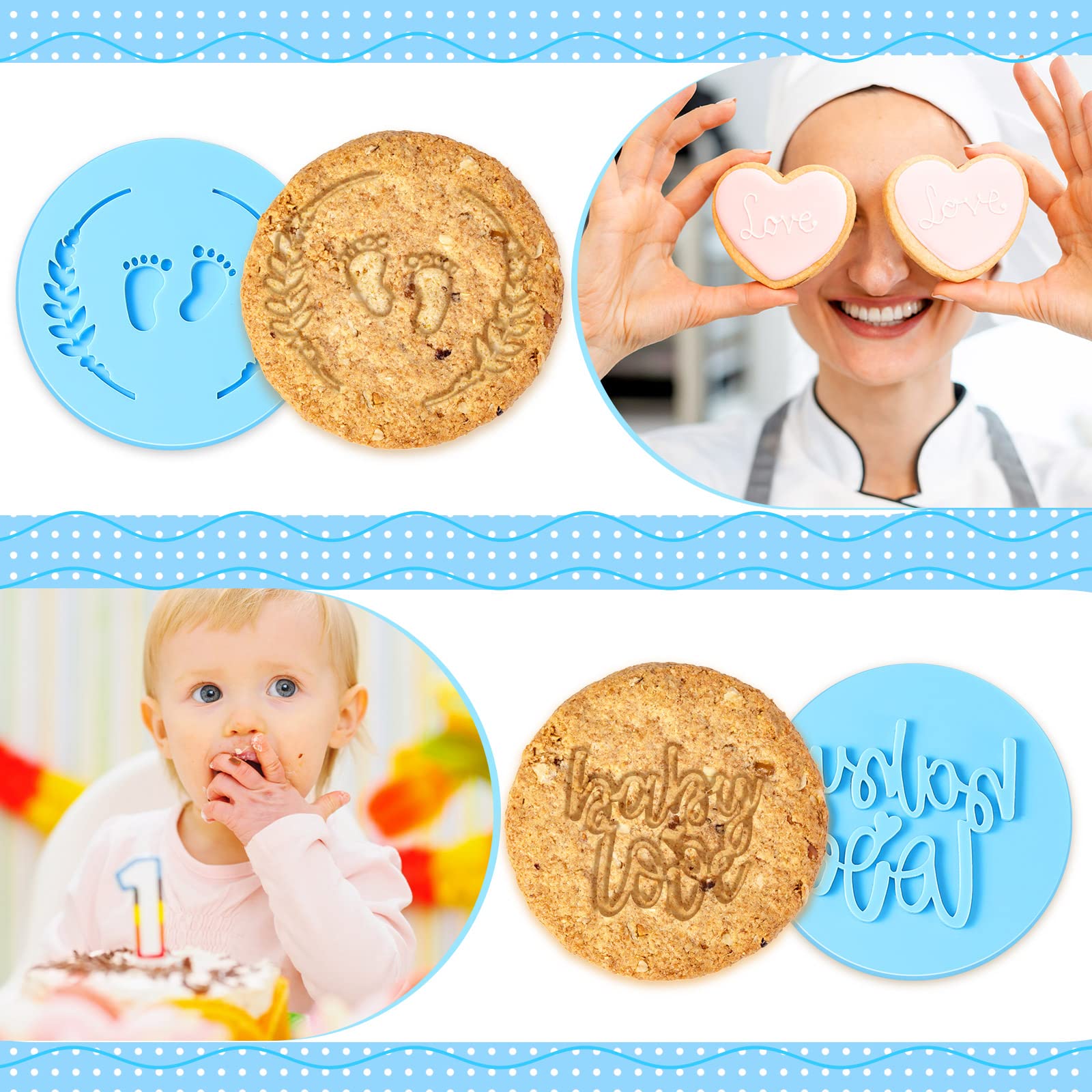 9 Pcs Baby Shower Fondant Embosser for Baby Boys 3D Design Light Blue Cookie Stamp for Baking Acrylic Fondant Stamp for Baby Shower Party Decorating Fondant Topper Icing Cake Cupcake Chocolate Biscuit