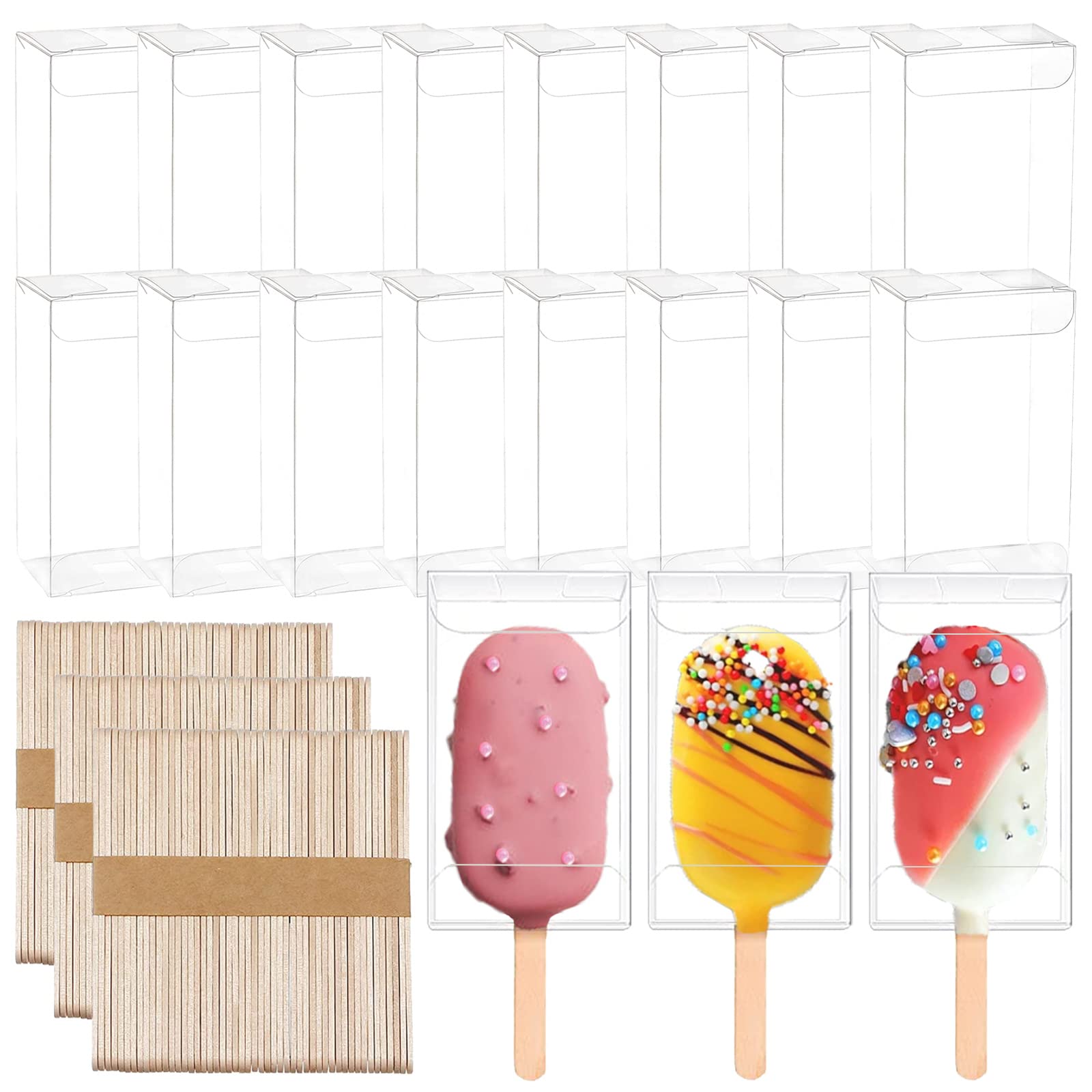 NDSWKR 300 Pieces Clear Popsicle Cakesicle Boxes Set, 150 PCS PET Ice Cream Boxes with 150 PCS Wooden Sticks, Plastic Treat Boxes for Baking, Wedding, Birthday Party