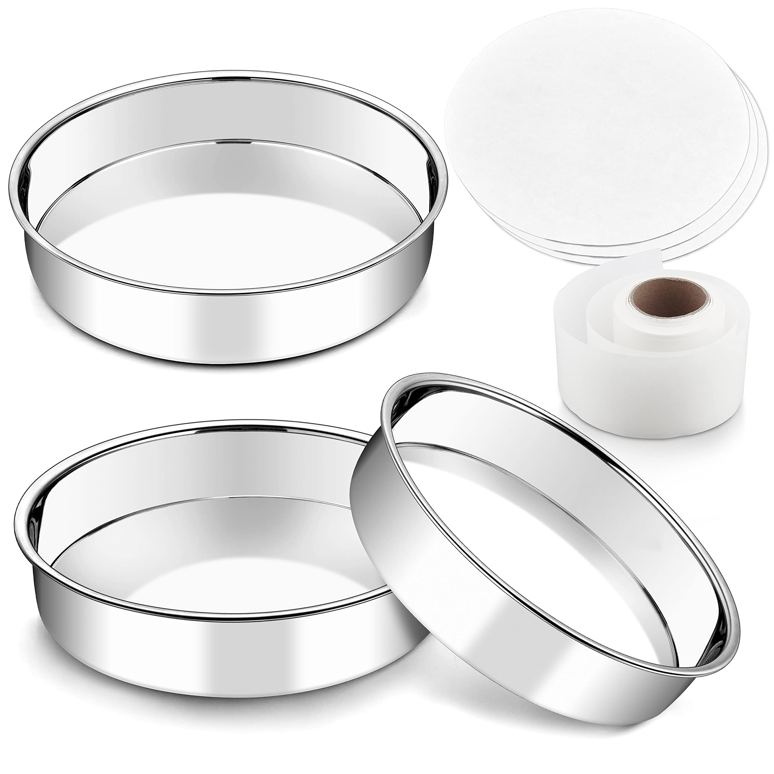 TeamFar 8 Inch Cake Pan Set of 3, Round Cake Pan Stainless Steel Round Baking Pan with 90 Pcs Round Parchment Papers & Parchment Paper Side Liner Roll(1.85 Inch × 111.5Ft), Healthy & Dishwasher Safe