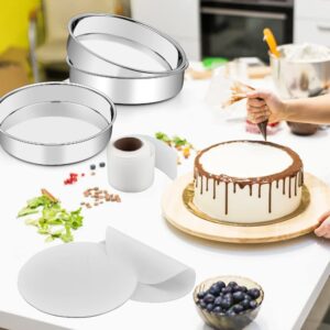 TeamFar 8 Inch Cake Pan Set of 3, Round Cake Pan Stainless Steel Round Baking Pan with 90 Pcs Round Parchment Papers & Parchment Paper Side Liner Roll(1.85 Inch × 111.5Ft), Healthy & Dishwasher Safe