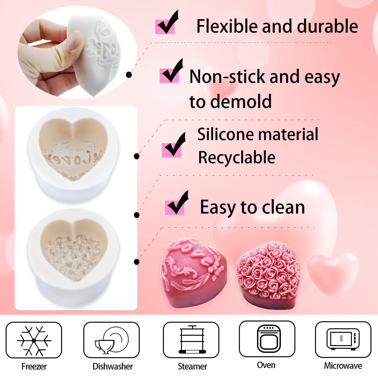 4PC Mother's Day Fondant Silicone Molds, Heart-Shaped 3D Love Rose Flower Silicone Mold for Thanksgiving Wedding Valentine's Day Cake Chocolate Dessert DIY Aromatherapy Handmade Soap Making (White)