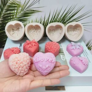 4PC Mother's Day Fondant Silicone Molds, Heart-Shaped 3D Love Rose Flower Silicone Mold for Thanksgiving Wedding Valentine's Day Cake Chocolate Dessert DIY Aromatherapy Handmade Soap Making (White)