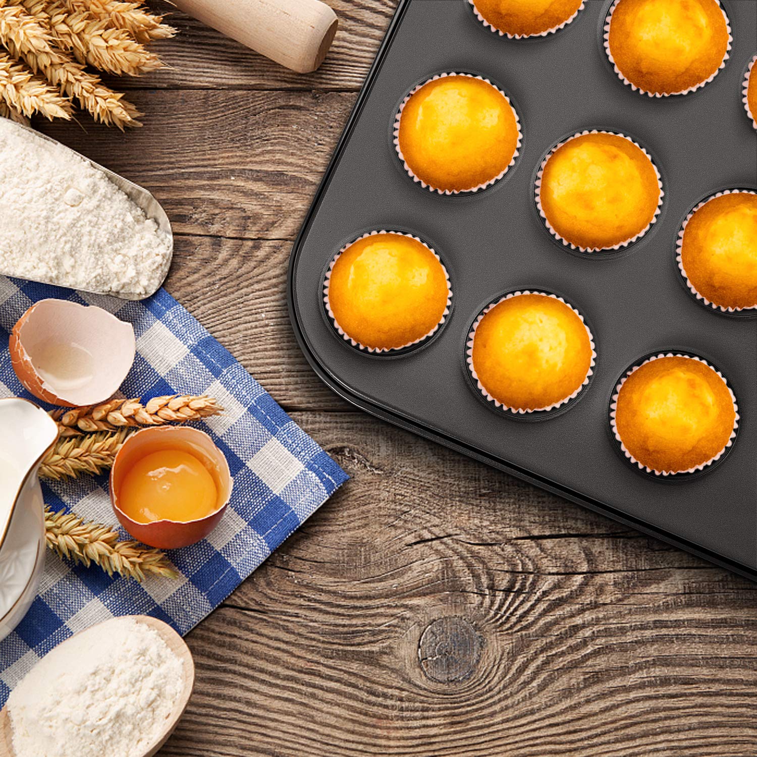 Flexzion Muffin Tray Cupcake Baking Pan 2 Pack, 24-Cup Nonstick Carbon Steel Muffin Tins Non-Stick Cupcake Tin Bakeware Accessories for Baking Cupcakes Muffin Brownies Snacks, Easy Clean, Fridge Safe