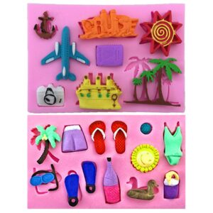 2pcs/set summer vocation travel fondant molds, seaside holiday silicone mold for cake cupcake decorating polymer clay mould (airplane cruise liner camera coconut tree sun beach slippers swimsuit)