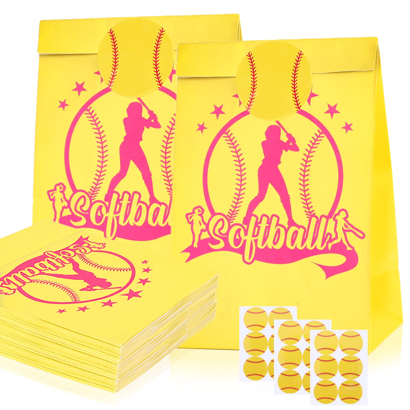 JOYMEMO 16 Pack Softball Party Treat Bags with Stickers, Fast Pitch Favor Goodie Gift Paper Bags for Girls Birthday Supplies