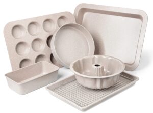 nonstick bakeware set - 7 piece oven bakeware with cookie sheet, cake pan, loaf pan, muffin pan, roaster, cooling rack - ptfe & pfoa free baking supplies