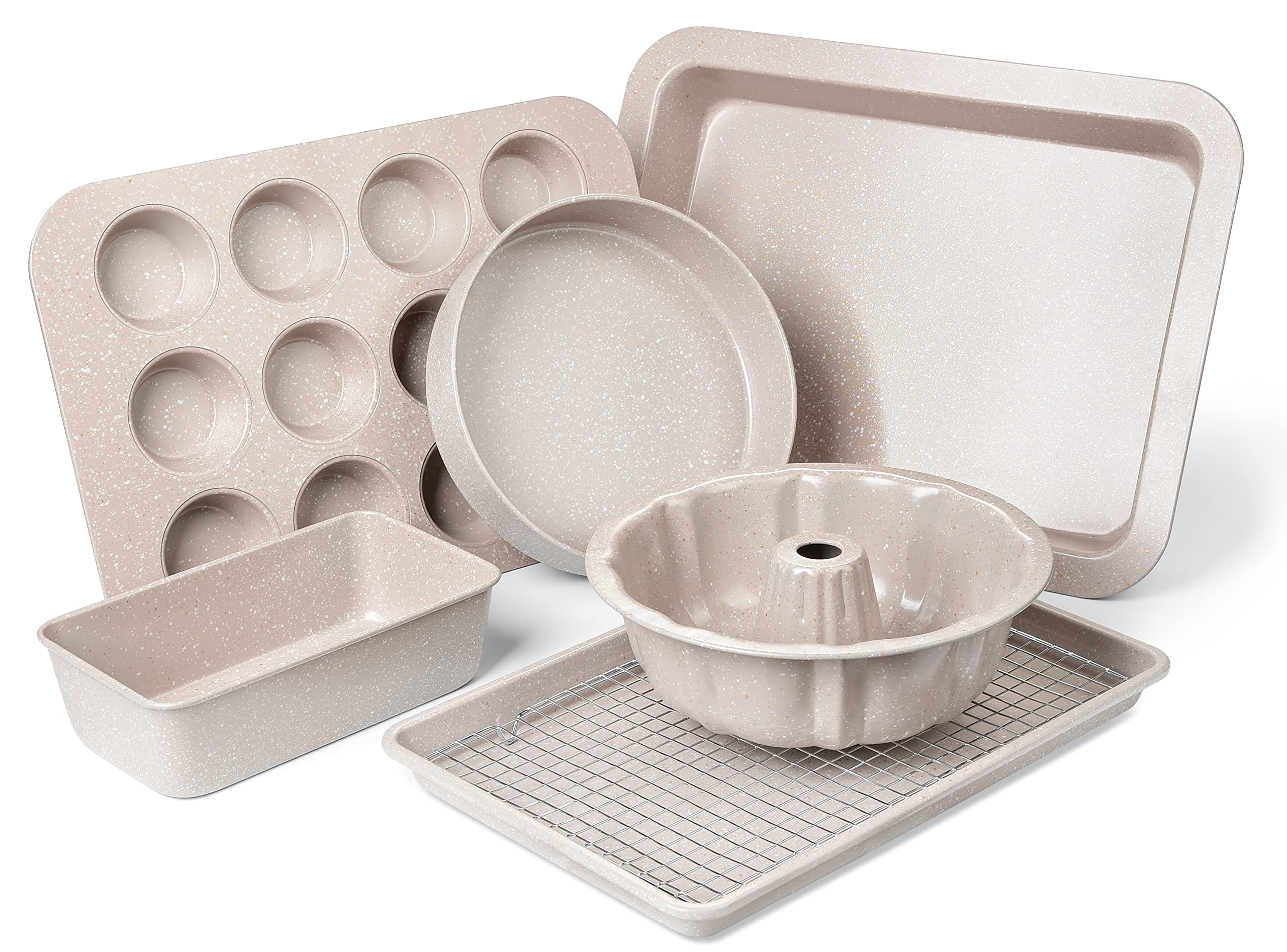 Nonstick Bakeware Set - 7 Piece Oven Bakeware With Cookie Sheet, Cake Pan, Loaf Pan, Muffin Pan, Roaster, Cooling Rack - PTFE & PFOA Free Baking Supplies