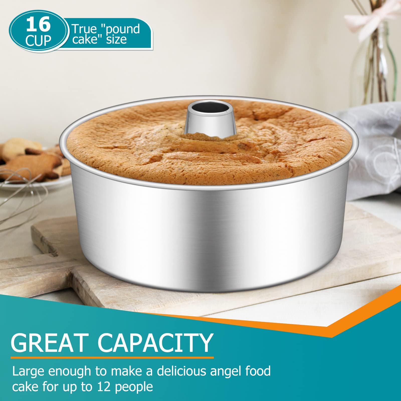 E-far Angel Food Cake Pan, 10-Inch Stainless Steel Tube Pan for Baking Pound Chiffon Cake, One-piece Design & Non-toxic, Dishwasher Safe