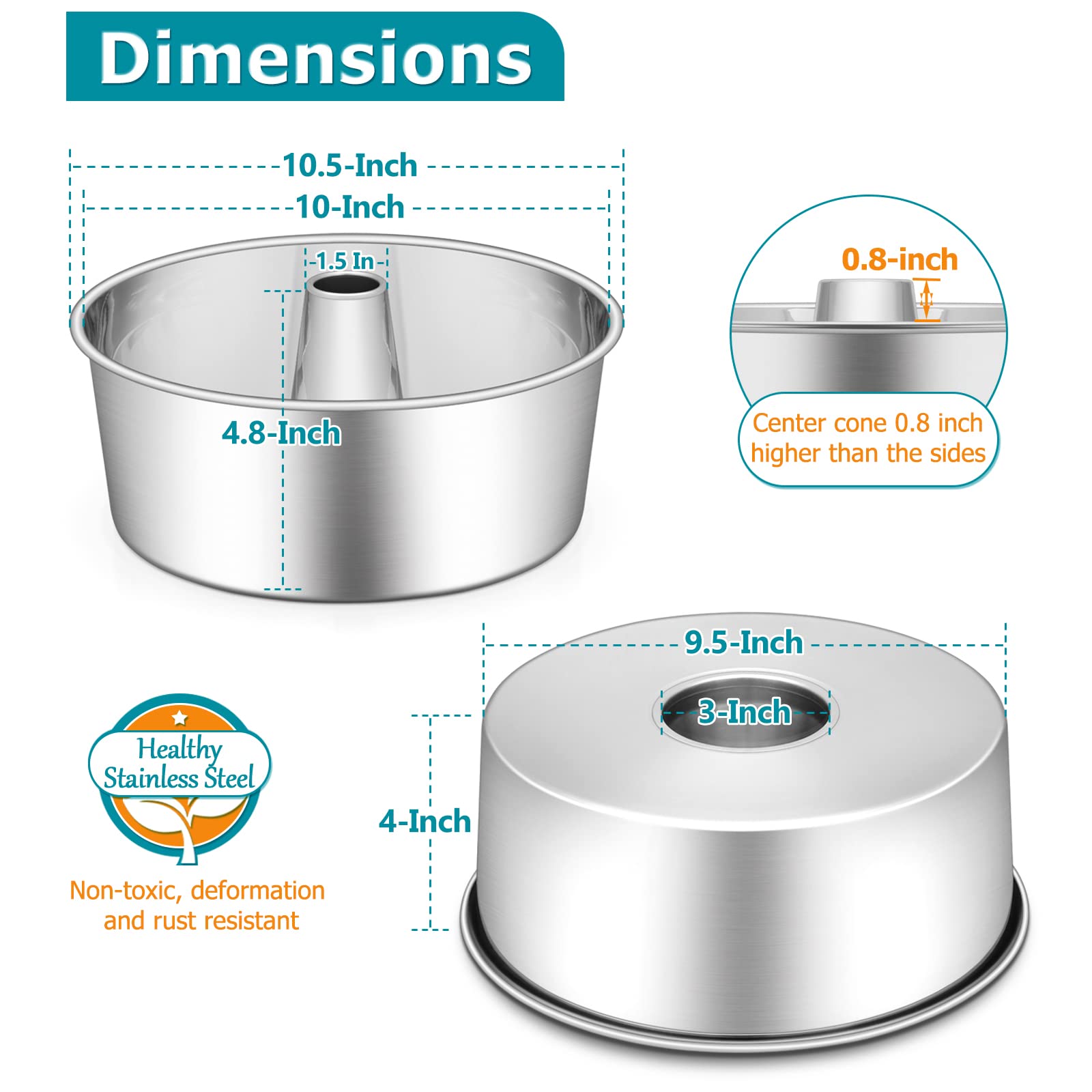 E-far Angel Food Cake Pan, 10-Inch Stainless Steel Tube Pan for Baking Pound Chiffon Cake, One-piece Design & Non-toxic, Dishwasher Safe