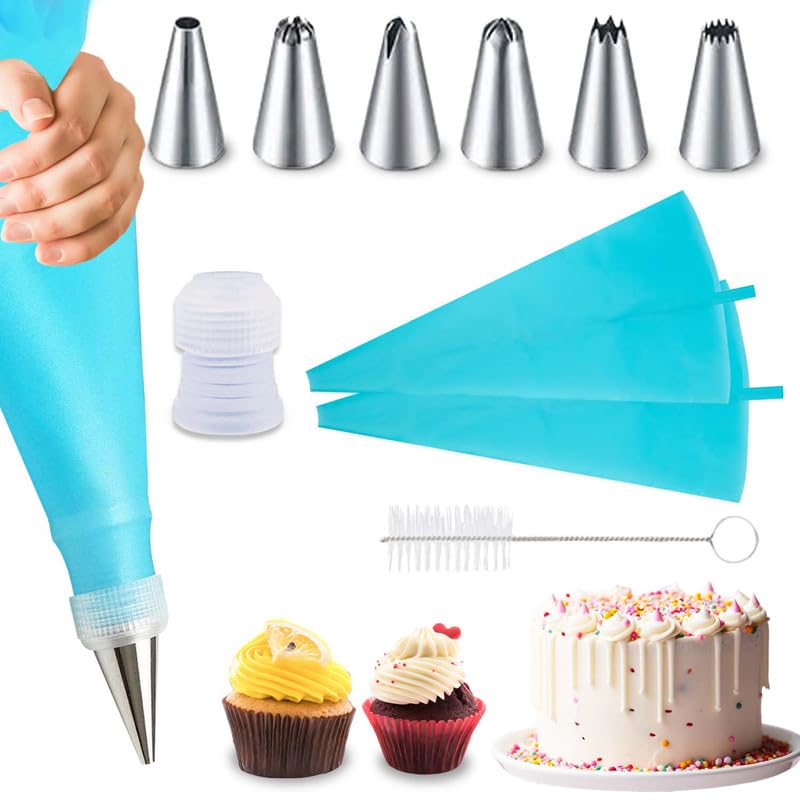 Piping Bags and Nozzles Set of 9 Pcs with 1 Converters,2 Silicone bags and 6 Premium Stainless Steel Piping Nozzles for Decorating Cakes & Cupcakes