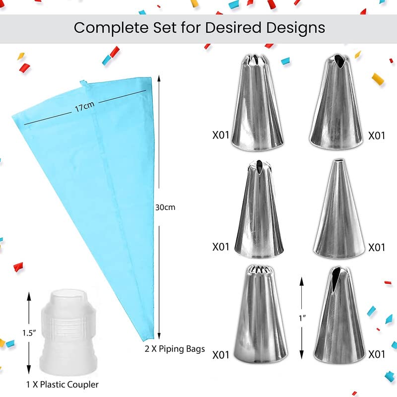 Piping Bags and Nozzles Set of 9 Pcs with 1 Converters,2 Silicone bags and 6 Premium Stainless Steel Piping Nozzles for Decorating Cakes & Cupcakes