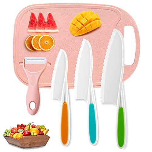 Kids Knifes Set,Nylon Knives Safe Baking Cutting Cooking Children's Beginners Cut Fruits Salad Veggies CakeFun Firm Grip Serrated Edges Friendly Childrens Knife With Cutting Board Peeler 5Pack (pink)