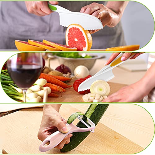 Kids Knifes Set,Nylon Knives Safe Baking Cutting Cooking Children's Beginners Cut Fruits Salad Veggies CakeFun Firm Grip Serrated Edges Friendly Childrens Knife With Cutting Board Peeler 5Pack (pink)