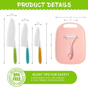 Kids Knifes Set,Nylon Knives Safe Baking Cutting Cooking Children's Beginners Cut Fruits Salad Veggies CakeFun Firm Grip Serrated Edges Friendly Childrens Knife With Cutting Board Peeler 5Pack (pink)