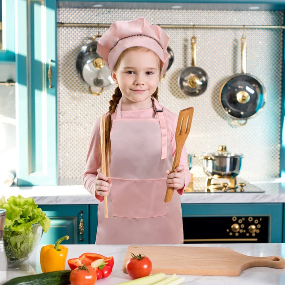 SUNLAND Kids Apron and Hat Set Children Chef Apron for Cooking Baking Painting (Pink, M)