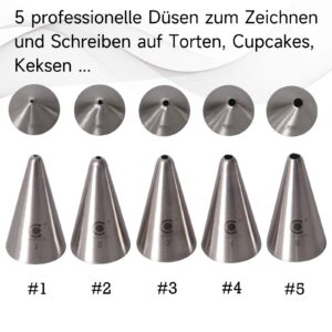 Cangool 5 Professional Nozzles for Drawing and Writing on Cakes, Cupcakes, Biscuit (Size 1, 2, 3, 4 and 5) - Piping Tips Compatible With Piping Bag