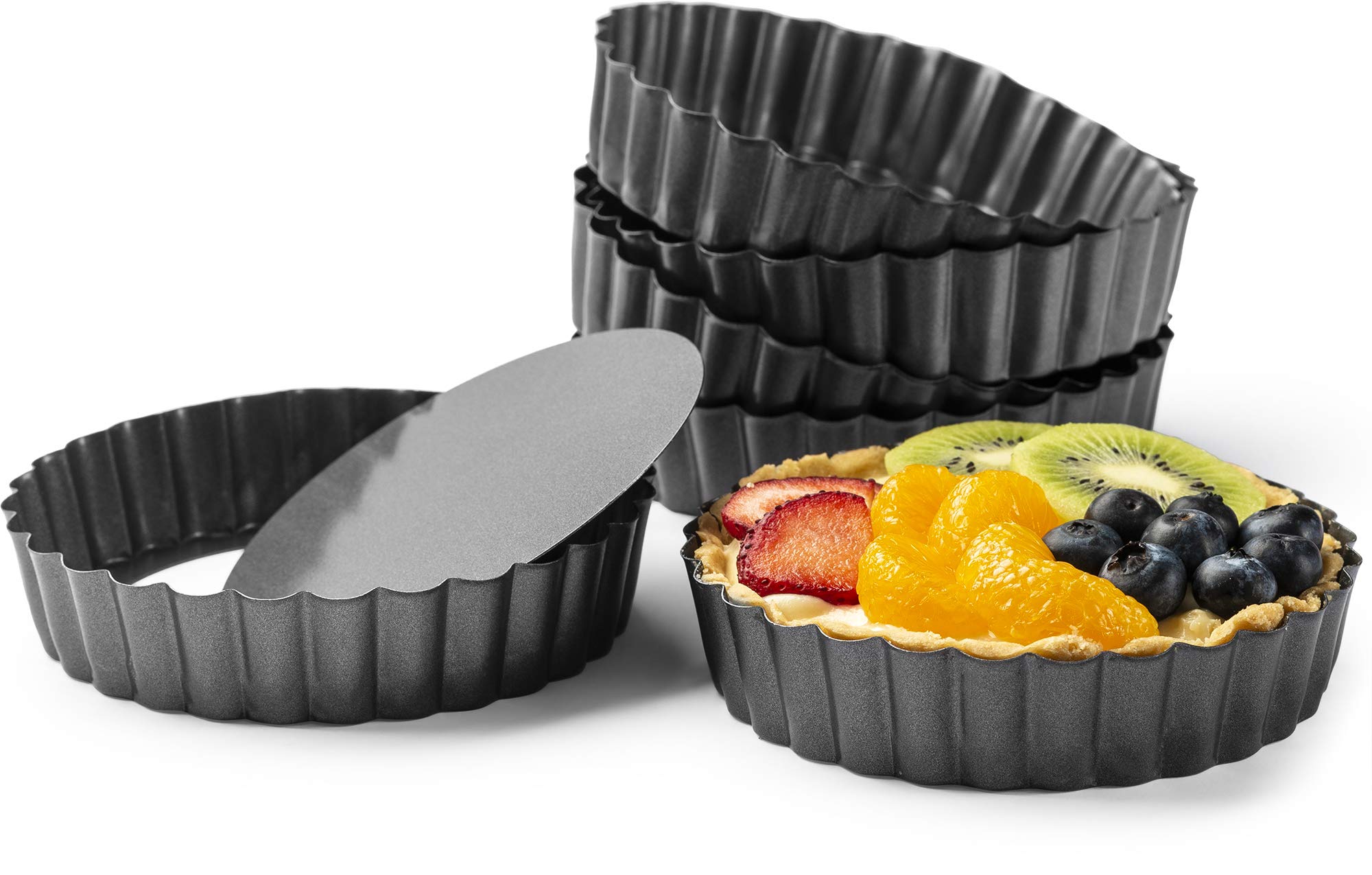 Gourmia GPA9375 Mini Tart Pans with Removable Bottom - 6 Pack, 5” Diameter, 1” Depth – 100% PFOA free Non Stick Carbon Steel - Miniature Molds For Pies, Cheese Cakes, Desserts, Quiche pan and More