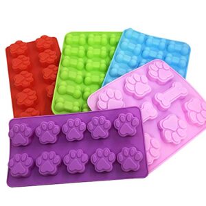 Puppy Dog Paw and Bone Silicone Molds, Sonku Silicone Trays Candy Molds for Chocolate, Candy, Jelly, Ice Cube, Dog Treats (5Pcs/set)