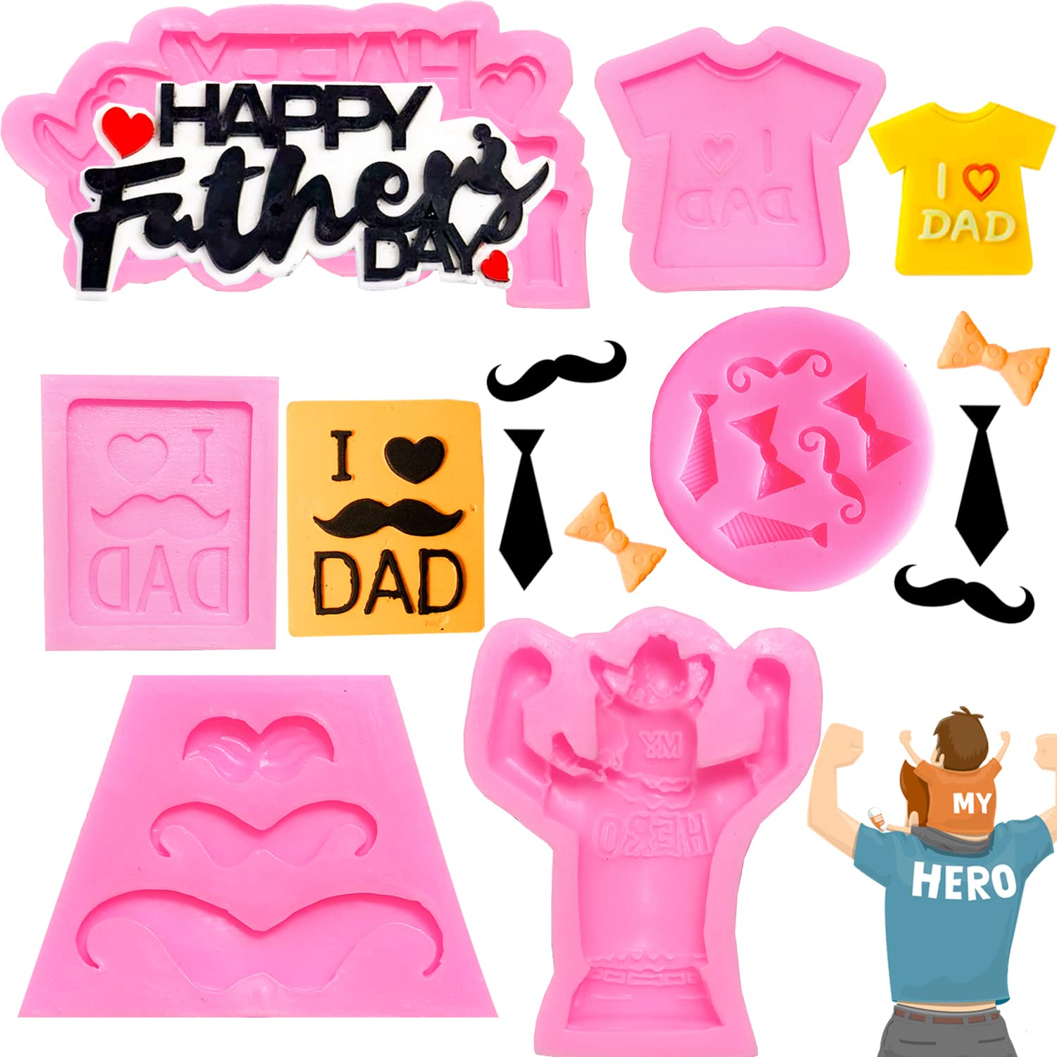 Doumeny 6Pcs Happy Father's Day Fondant Mold, I love Dad Silicon Mold Mustache Tie Baking Mold Bow Beard Chocolate Mold Necktie T-shirt Candy Mold Little Man Theme Biscuit Cake Mold for Birthday Decor