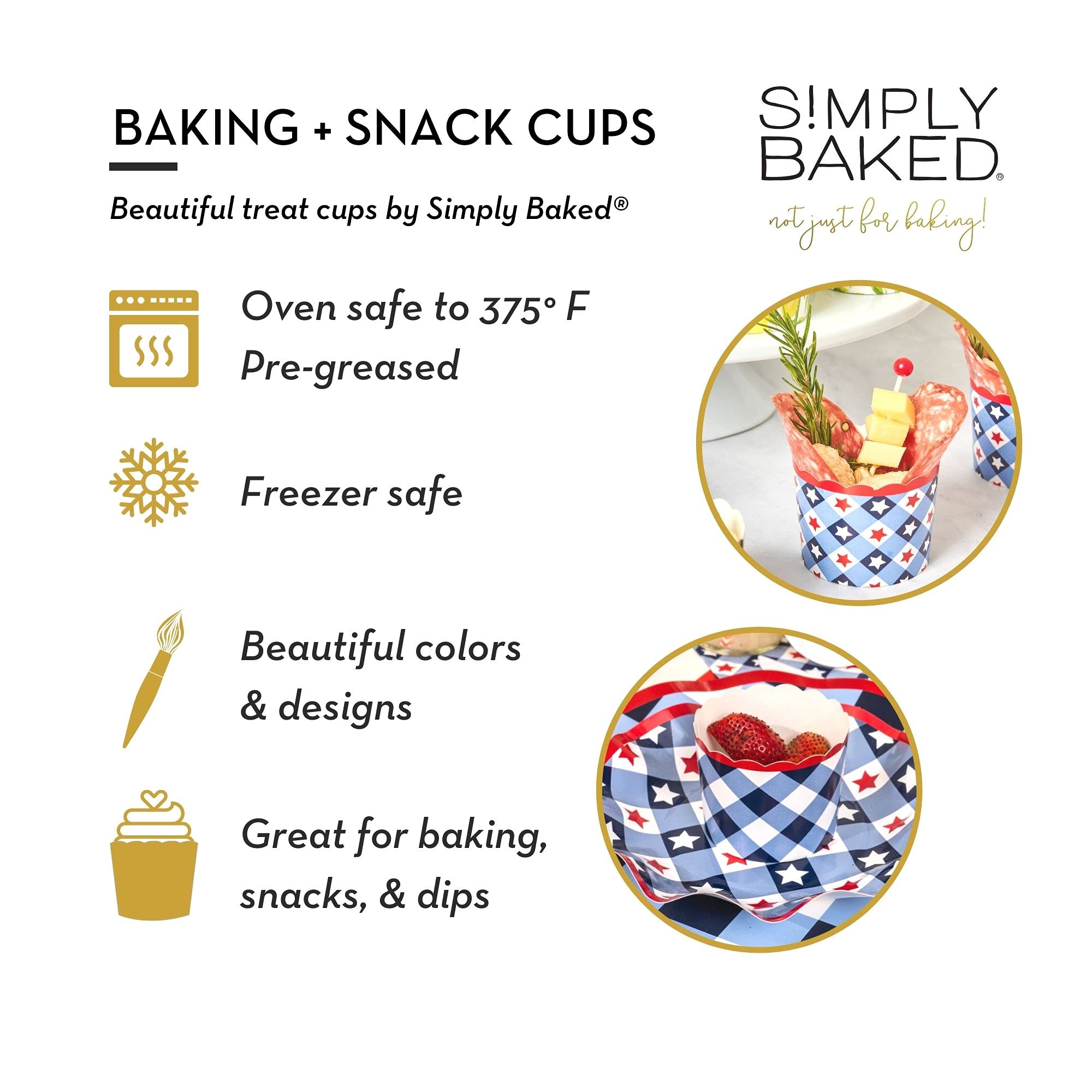 Simply Baked Large 5 Ounce Disposable Paper Baking Cups, 100 Pack of Cupcake Muffin Wrappers for Baking or Party, Treats, Candy, and Snack Cups, Patriotic Gingham