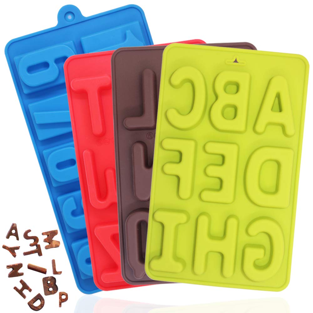 4 Pcs Silicone Numbers Alphabets Trays Molds, FineGood 26 letters & Numbers Candy Mould Biscuit Chocolate DIY Baking Pans Ice Cube Making Trays -green, brown, red, blue