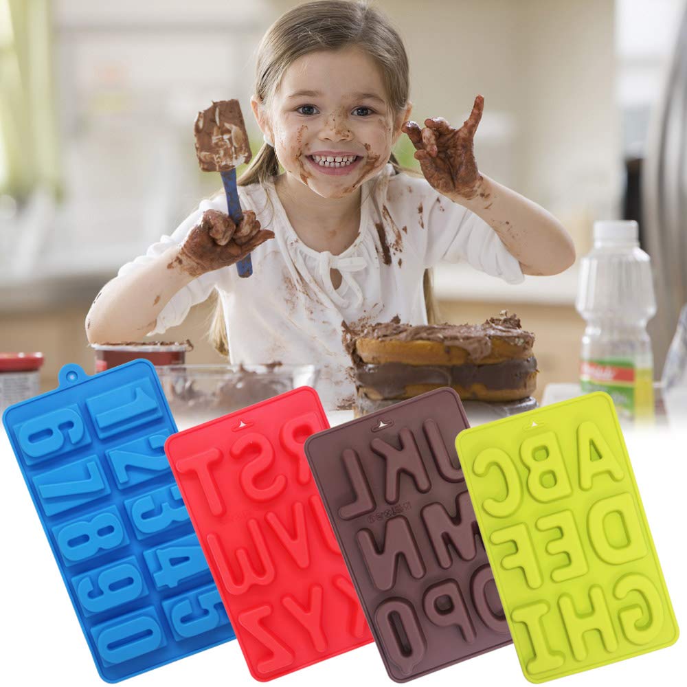 4 Pcs Silicone Numbers Alphabets Trays Molds, FineGood 26 letters & Numbers Candy Mould Biscuit Chocolate DIY Baking Pans Ice Cube Making Trays -green, brown, red, blue