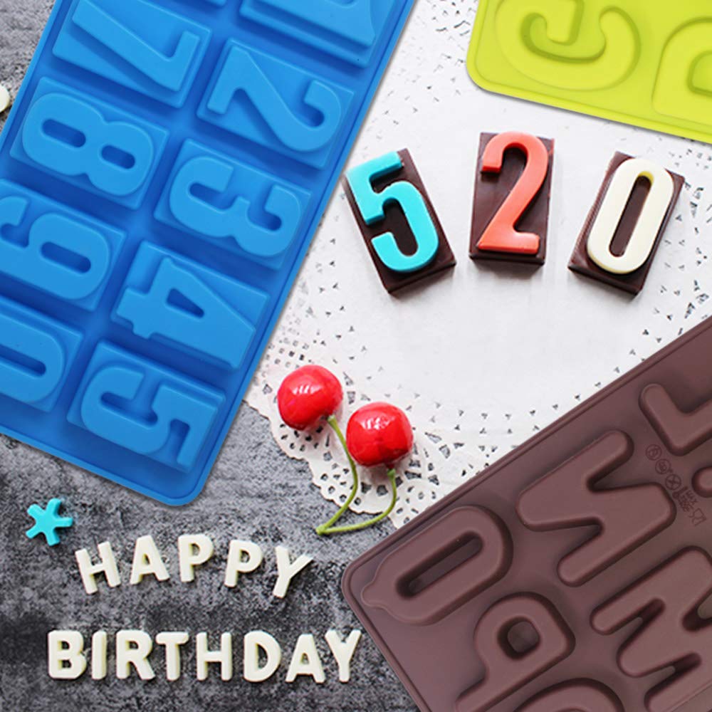 4 Pcs Silicone Numbers Alphabets Trays Molds, FineGood 26 letters & Numbers Candy Mould Biscuit Chocolate DIY Baking Pans Ice Cube Making Trays -green, brown, red, blue