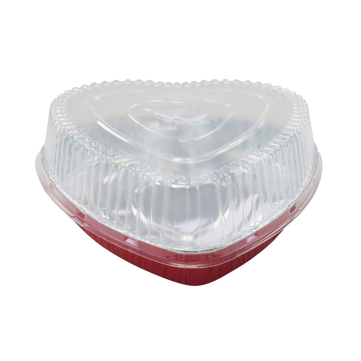 Handi-Foil Disposable Aluminum Heart Shaped Cake Pan with Clear Plastic Lid - 32 Ounces Oven Safe Aluminum Foil Pans, Baking Pans Perfect for Baking, Cooking, Preparing Food, 339P (Red & Silver, 5)