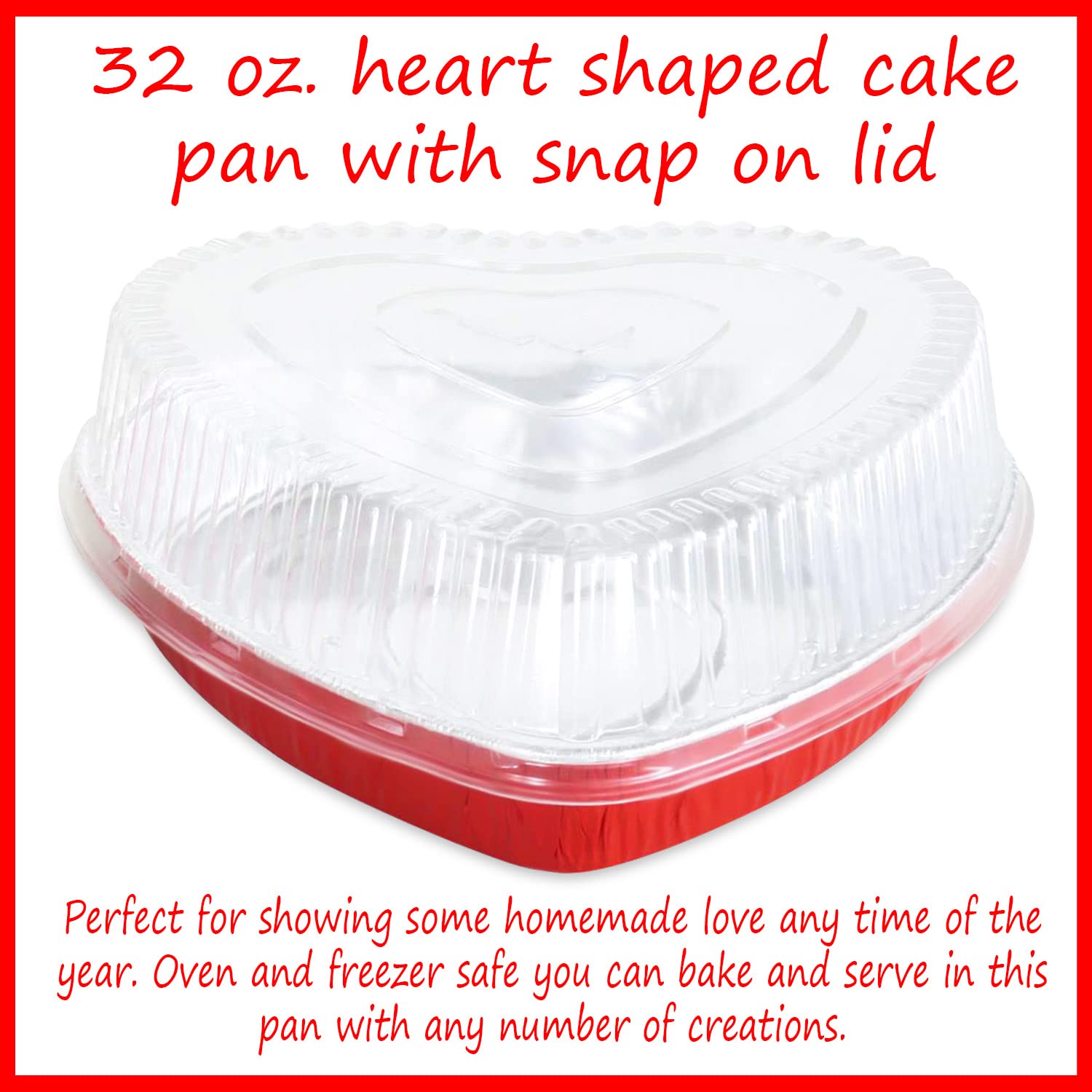 Handi-Foil Disposable Aluminum Heart Shaped Cake Pan with Clear Plastic Lid - 32 Ounces Oven Safe Aluminum Foil Pans, Baking Pans Perfect for Baking, Cooking, Preparing Food, 339P (Red & Silver, 5)