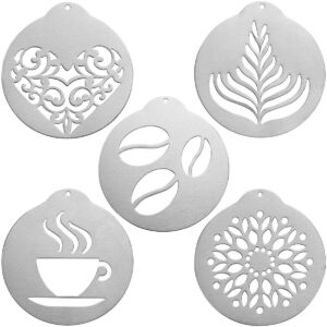 doitool 5pcs stainless steel coffee decorating stencils, metal foam latte art templates, reusable barista cappuccino chocolate templates coffee garland mould cake decorating tool