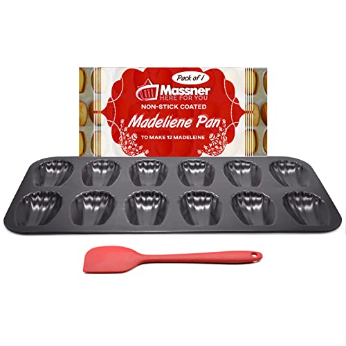 MASSNER Madeleine Pan with Silicone Spatula, Non-stick for baking 12 Madeline Cookie Mold Heavy duty Madeline Pans dishwasher safe 1Pack