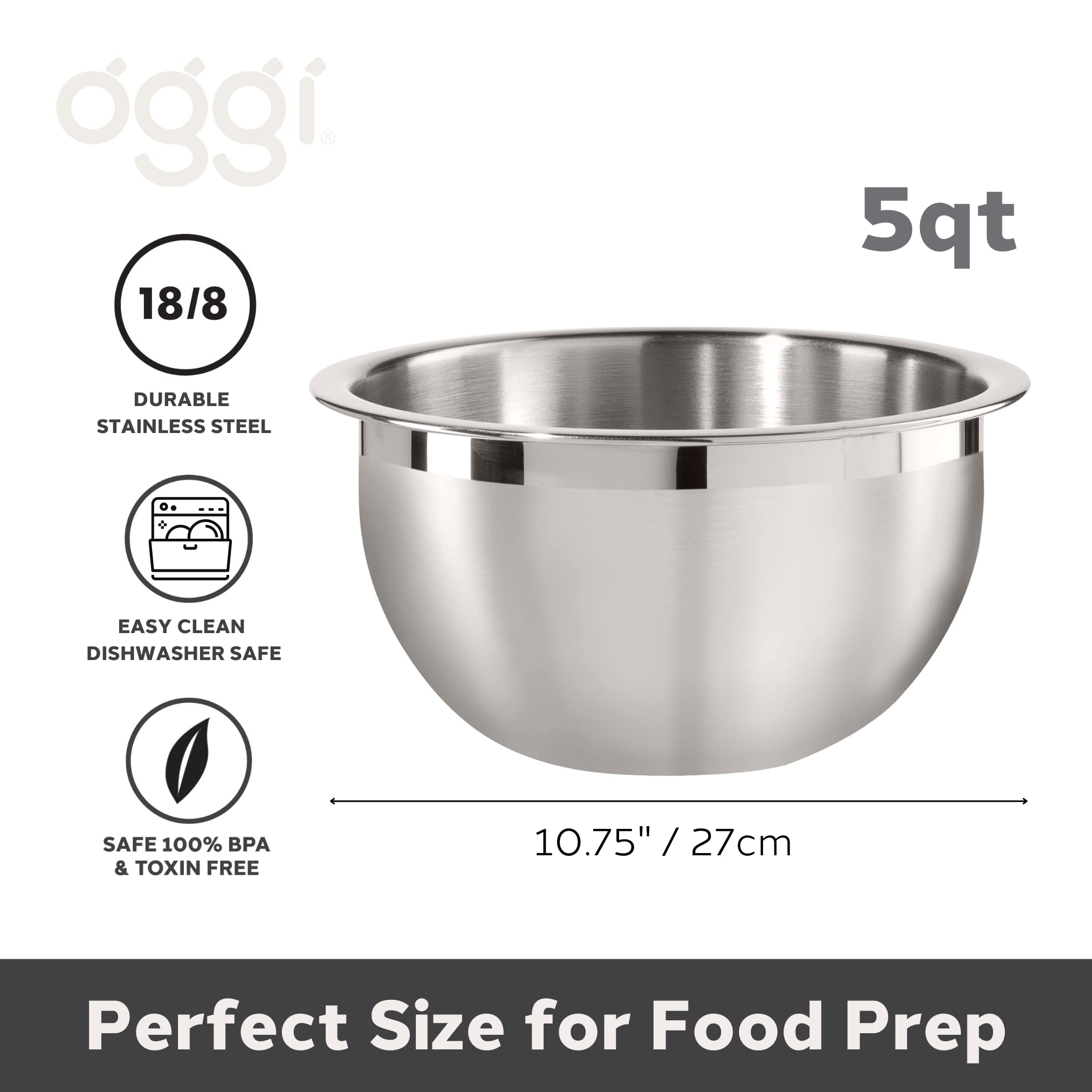 Oggi 3-Quart Two-Tone Stainless Steel Mixing Bowl, Great for Mixing, Making Dough, Dressing Salads, Mixing Eggs, Washing Vegetables