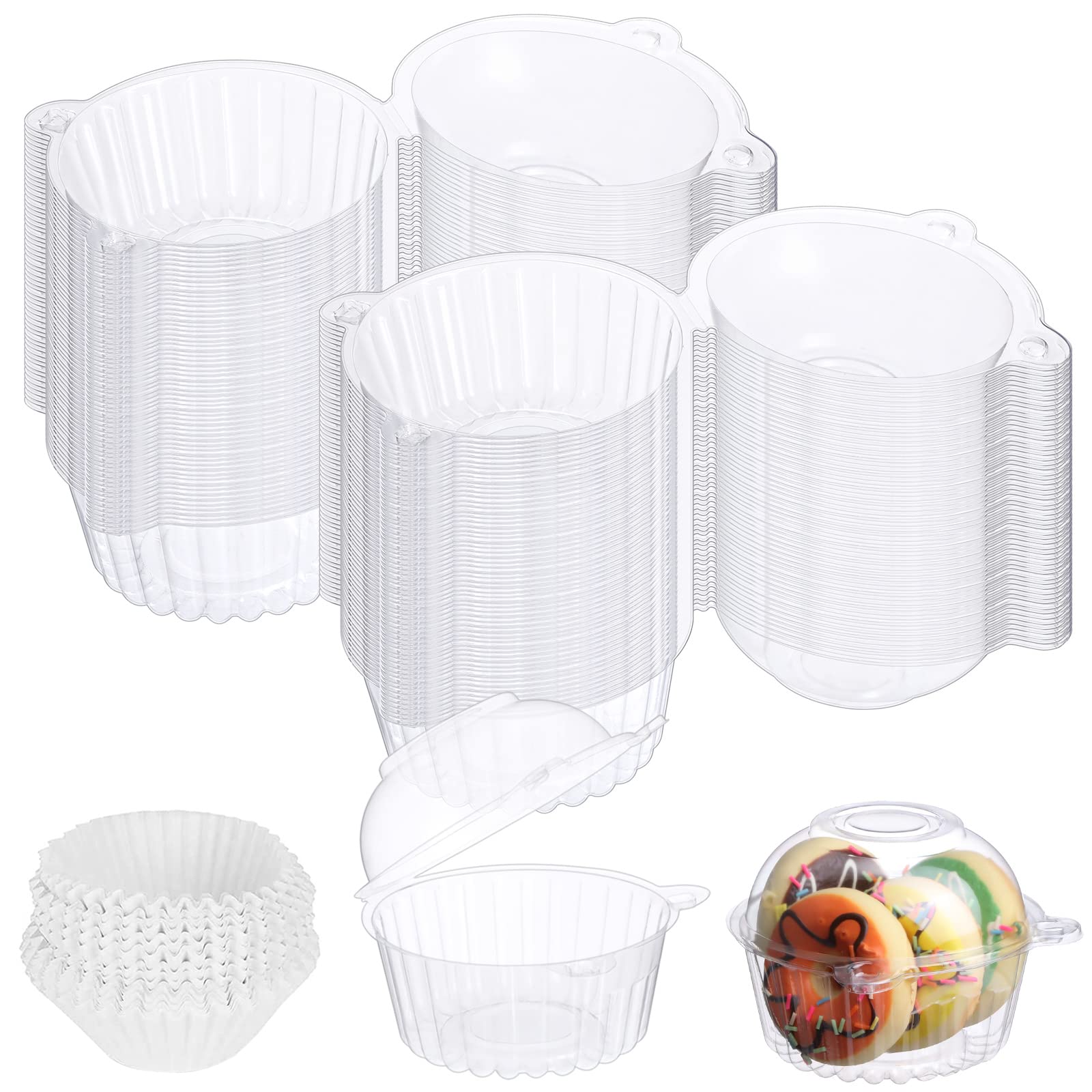 Amyhill 200 Set Cupcake Holders with Dome Lid Individual Cupcake Liners, Clear Plastic Cupcake Containers Disposable Grease Proof Baking Cups Paper Cupcake Wrappers for Muffin Cake Boxes (Cat Style)