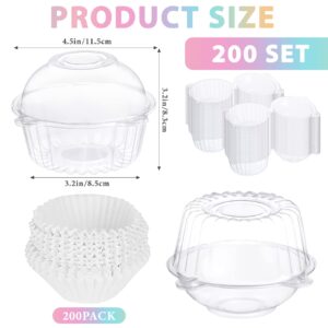 Amyhill 200 Set Cupcake Holders with Dome Lid Individual Cupcake Liners, Clear Plastic Cupcake Containers Disposable Grease Proof Baking Cups Paper Cupcake Wrappers for Muffin Cake Boxes (Cat Style)