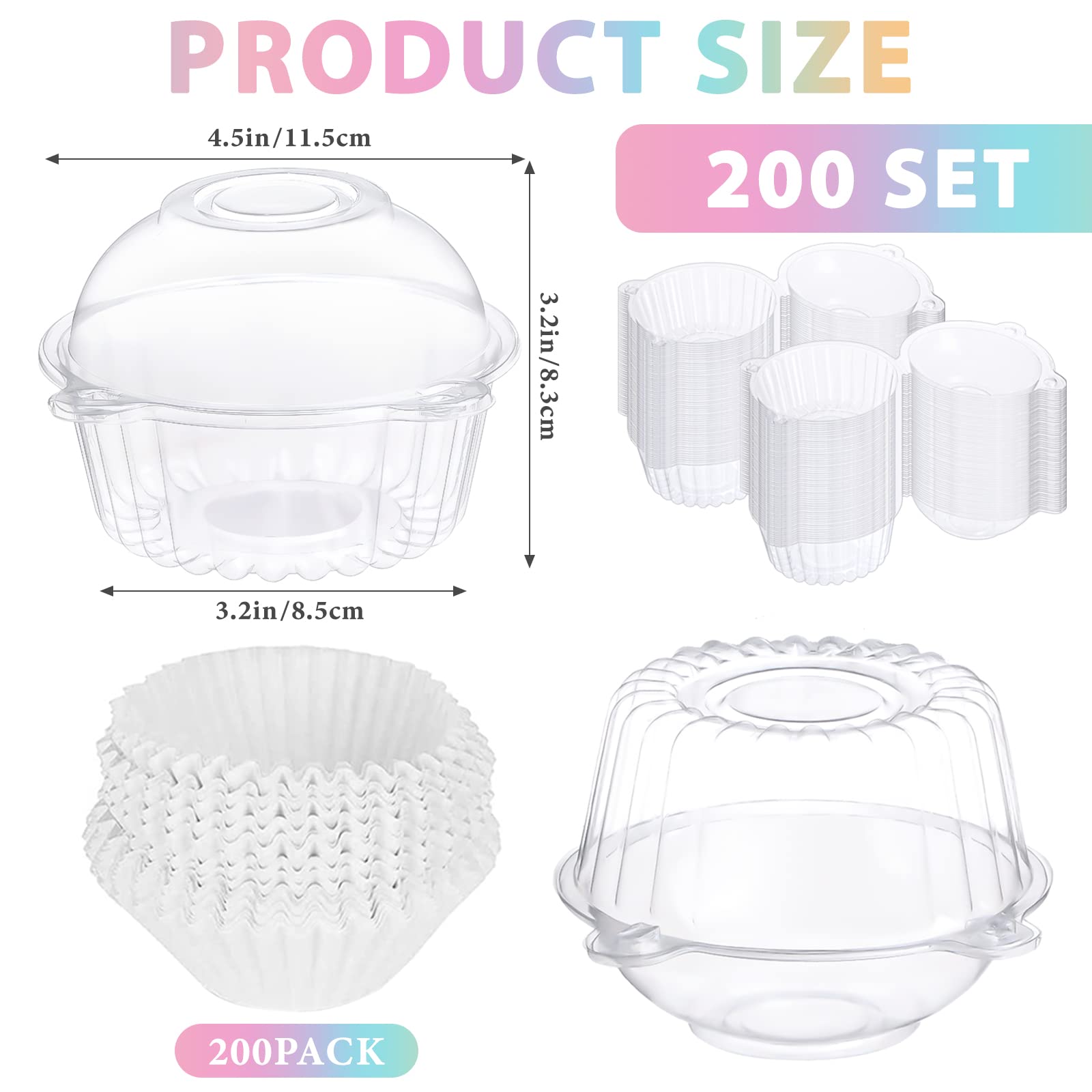 Amyhill 200 Set Cupcake Holders with Dome Lid Individual Cupcake Liners, Clear Plastic Cupcake Containers Disposable Grease Proof Baking Cups Paper Cupcake Wrappers for Muffin Cake Boxes (Cat Style)