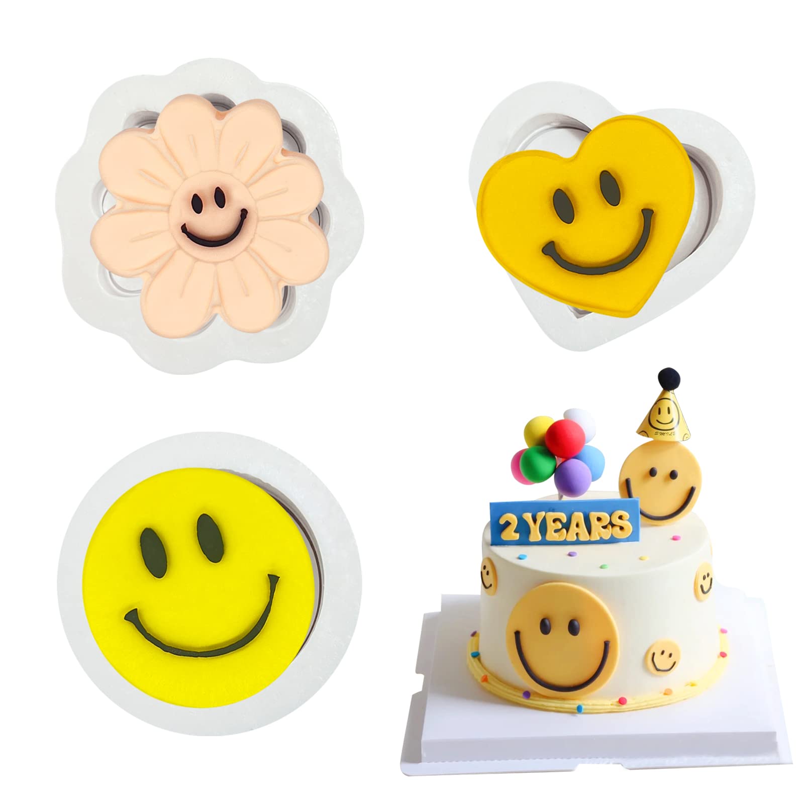 Smiley Face Fondant Molds (3Pcs), Smile Flower Heart Cake Decorating Silicone Mold for Cupcake Toppers, Cookies, Bread, Candy, Chocolate, Butter, Jelly, Gum, Polymer Clay, Candles, Soap, Epoxy