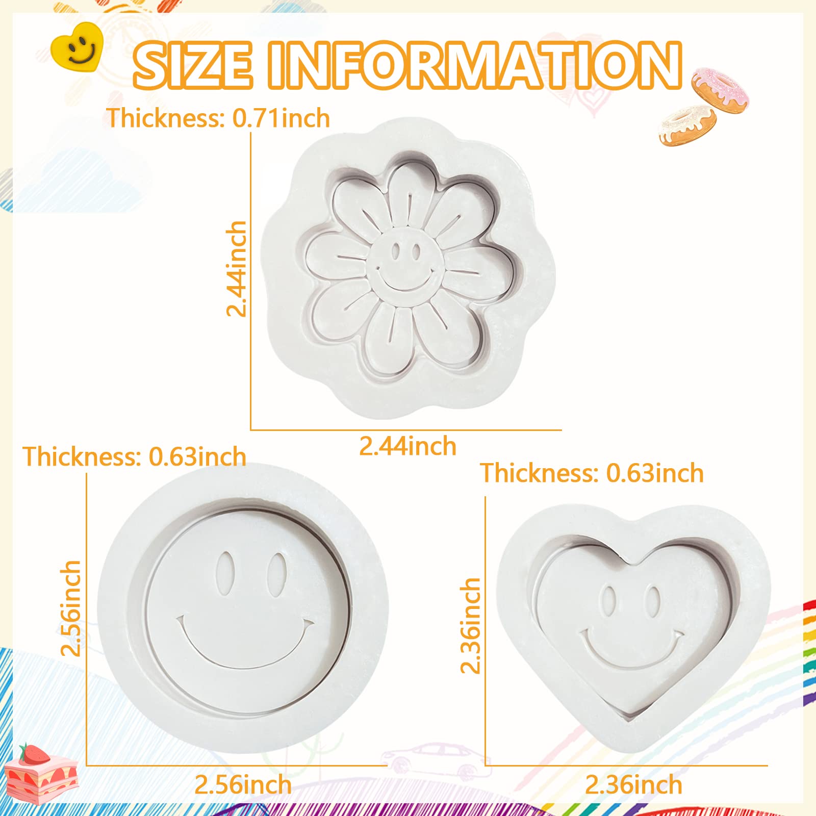 Smiley Face Fondant Molds (3Pcs), Smile Flower Heart Cake Decorating Silicone Mold for Cupcake Toppers, Cookies, Bread, Candy, Chocolate, Butter, Jelly, Gum, Polymer Clay, Candles, Soap, Epoxy