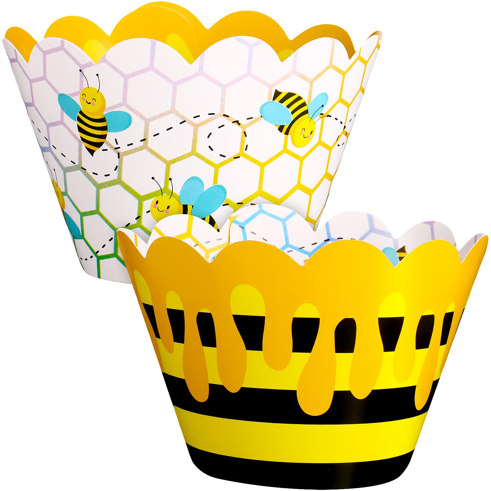 48 Pieces Honey Bee Cupcake Wrappers Reversible Bee Cup Cake Holder Honey Bee Scalloped Cupcake Holder Yellow and Black Stripes Cup Cake Wrappers, What Will It Be Gender Reveal Party Supplies