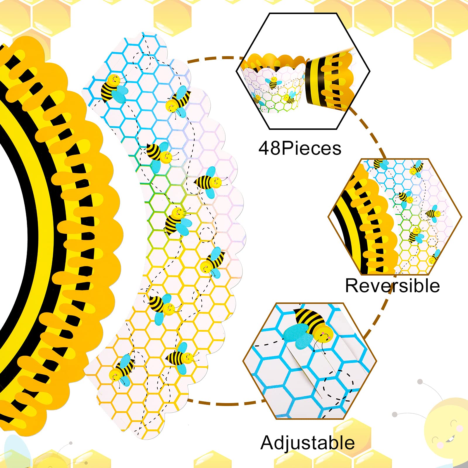 48 Pieces Honey Bee Cupcake Wrappers Reversible Bee Cup Cake Holder Honey Bee Scalloped Cupcake Holder Yellow and Black Stripes Cup Cake Wrappers, What Will It Be Gender Reveal Party Supplies