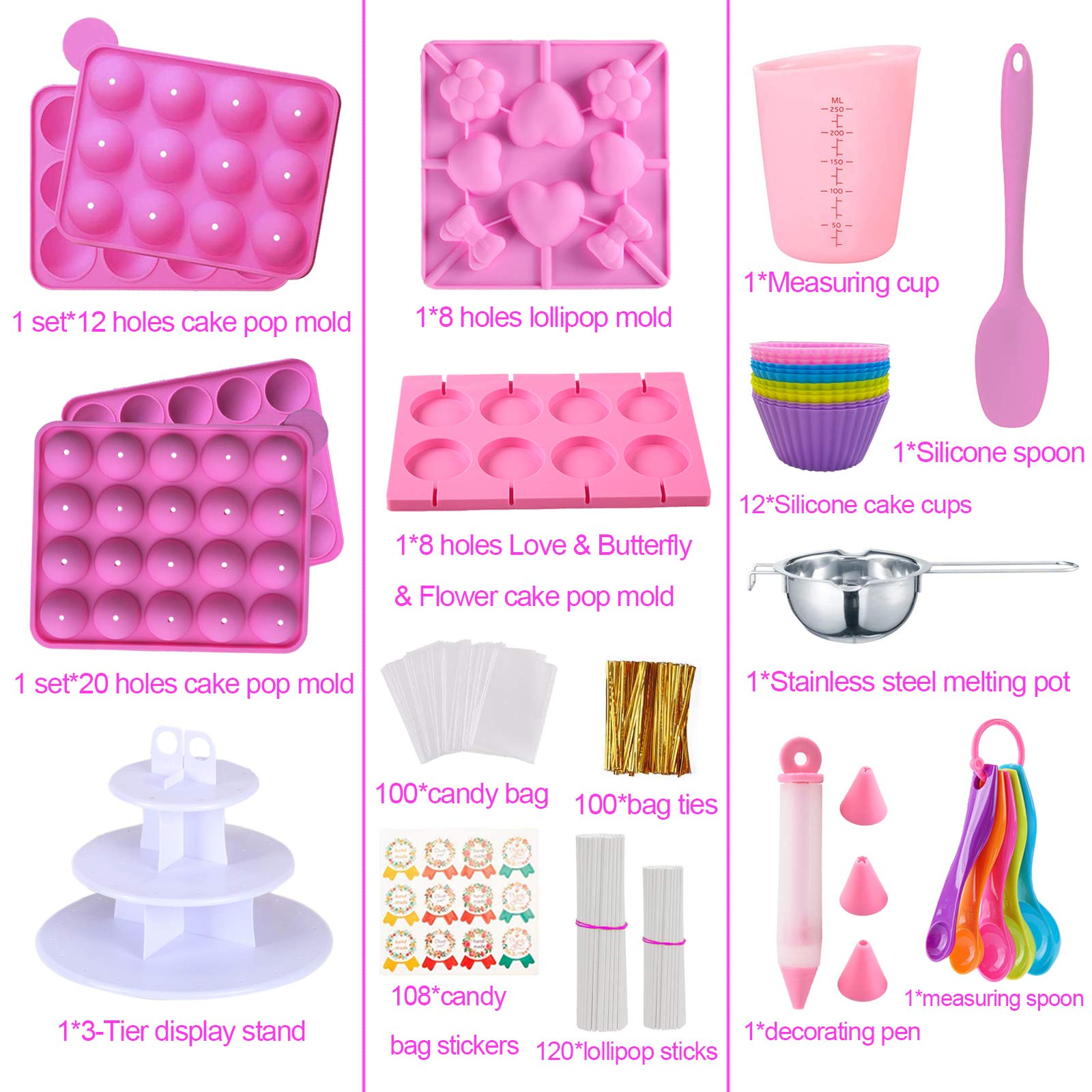 Makmeng 454Pcs Cake Pop Maker Kit - Silicone Cake Pop Set with 3 Tier Cake Pop Stand, Cake Pop Molds, Chocolate Candy Melting Pot, Lollipop Sticks and Decorating Pen - Kids Baking Gifts Set for Kids