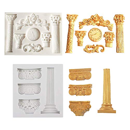 Set of 2 Roman Column Silicone Fondant Mold Greek Marble Pillars Bas Relief Retro European Pattern Clock Gumpaste Chocolate Candy Mold Cake Decorating Tool