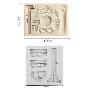 Set of 2 Roman Column Silicone Fondant Mold Greek Marble Pillars Bas Relief Retro European Pattern Clock Gumpaste Chocolate Candy Mold Cake Decorating Tool