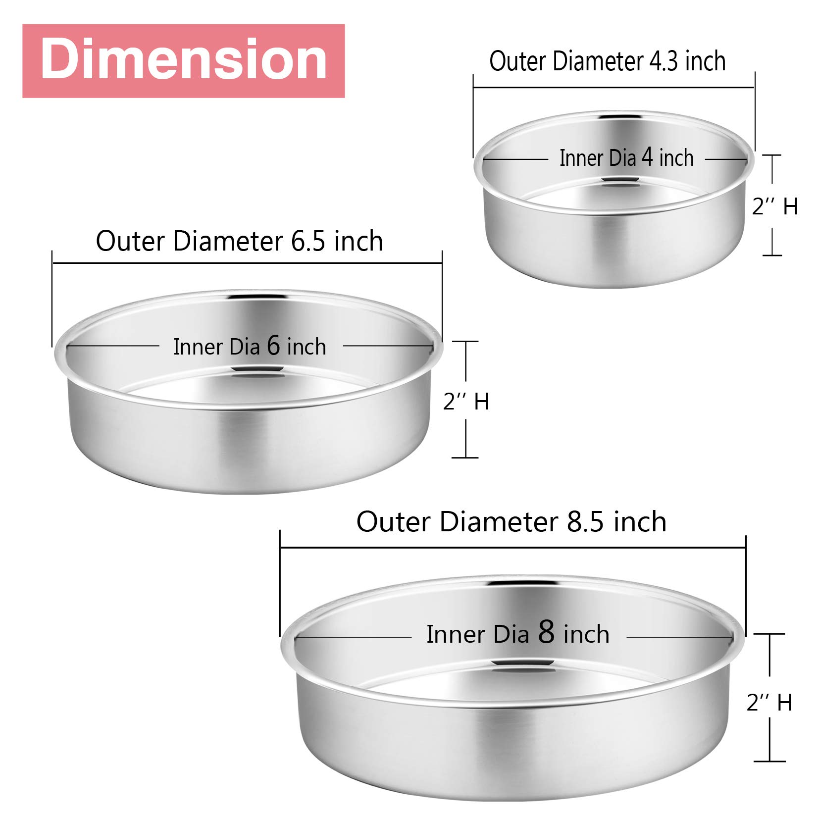 P&P CHEF Cake Pan Set (4” & 6” & 8”), Round Baking Layer Cake Pans, Stainless Steel Leakproof Bakeware Cake Tin for Birthday Weeding Tier Cake, Heavy Duty & Non Toxic, Mirror Finish & Dishwasher Safe