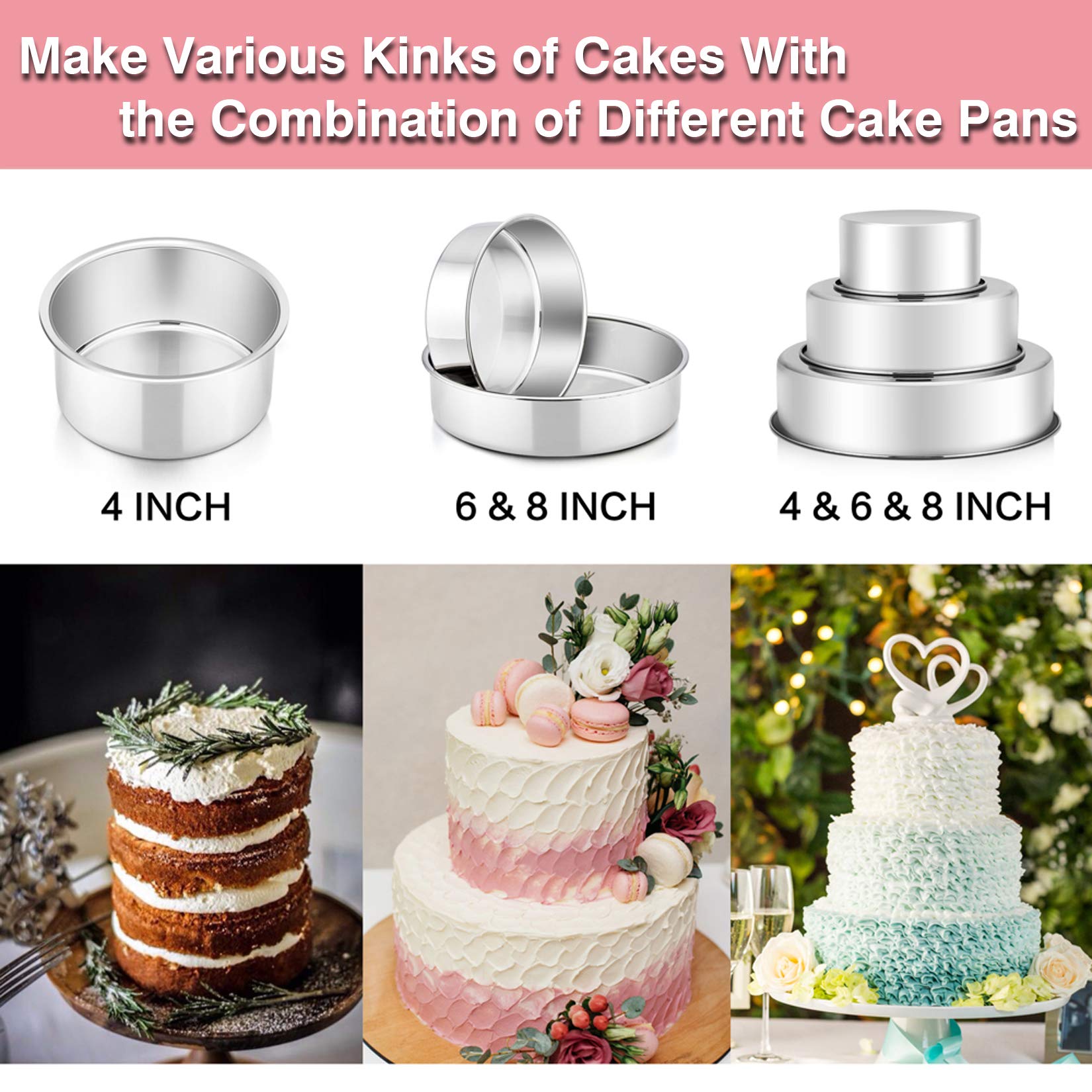 P&P CHEF Cake Pan Set (4” & 6” & 8”), Round Baking Layer Cake Pans, Stainless Steel Leakproof Bakeware Cake Tin for Birthday Weeding Tier Cake, Heavy Duty & Non Toxic, Mirror Finish & Dishwasher Safe