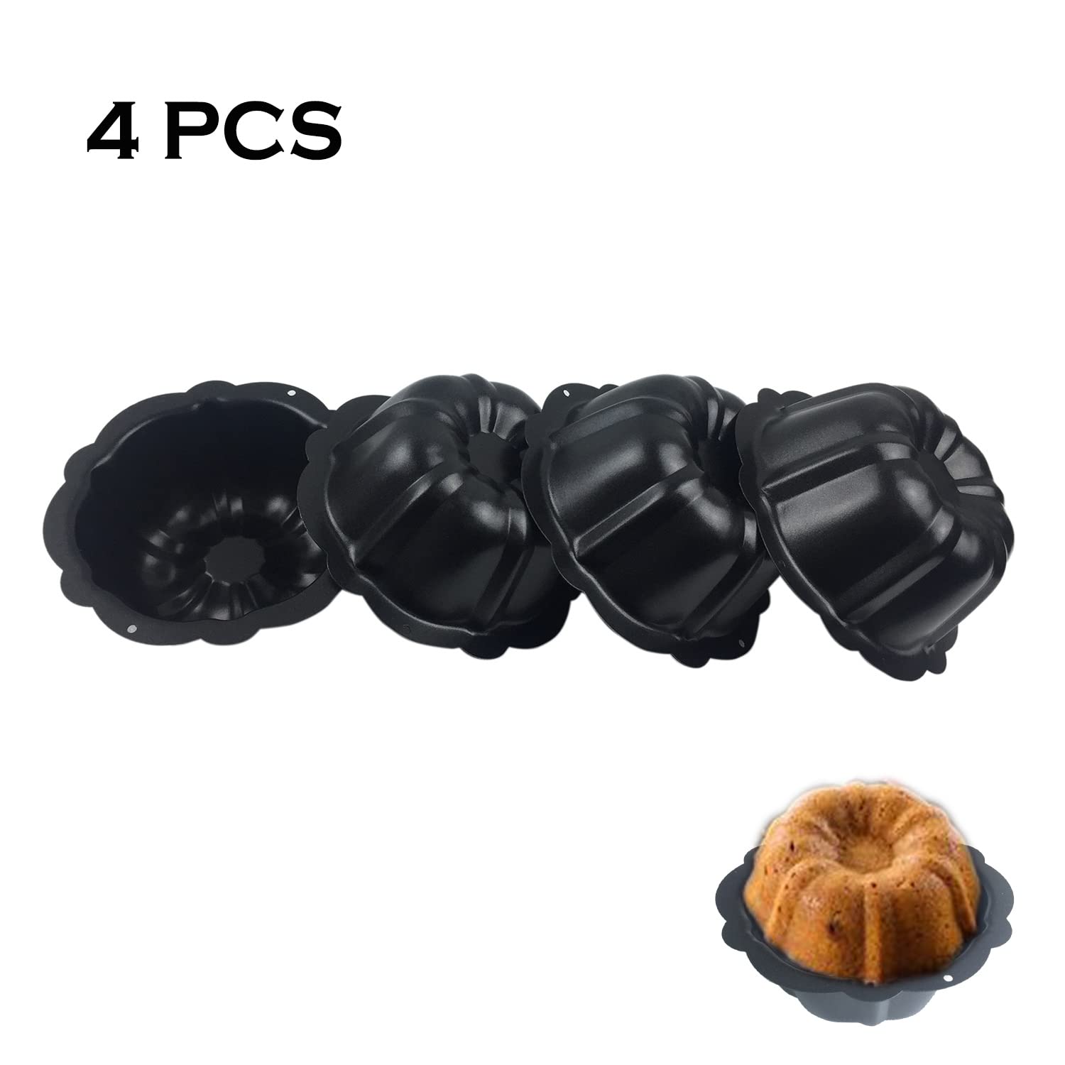 LoveDeal 4 Inch Nonstick Mini Bundt Cake Pan, Set of 4 for Baking, Carbon Steel Fluted Cake Pans, Metal Round Pumpkin Shaped Cake Mould for Cupcake, Muffin, Brownie, Pudding - Black